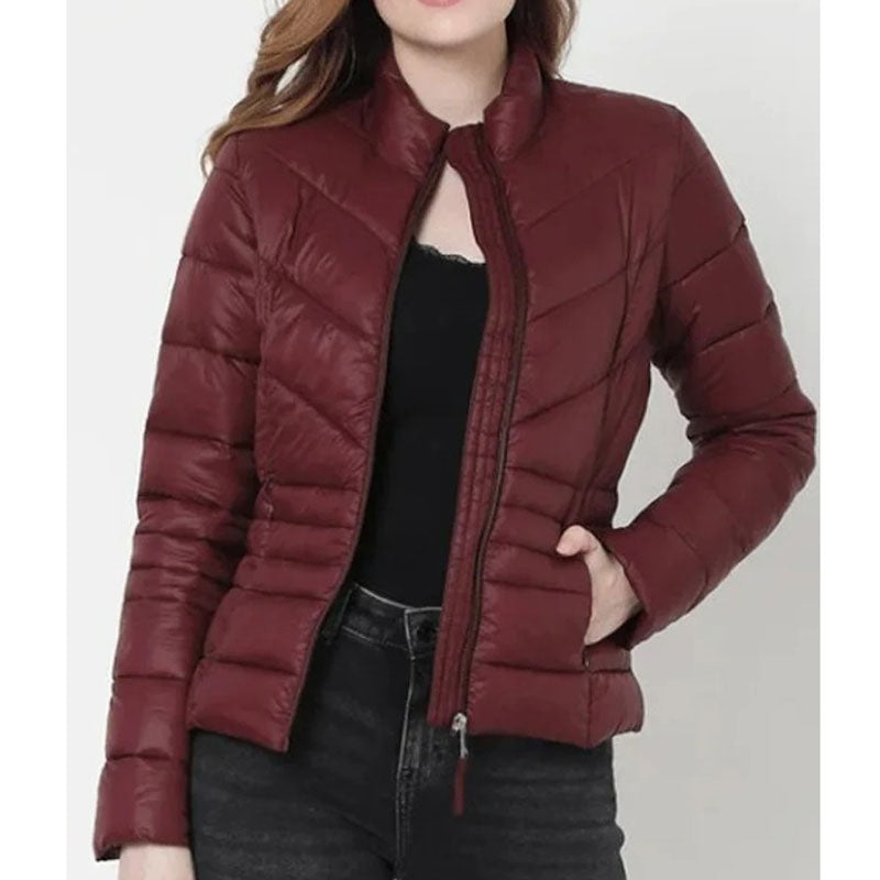 Womens Maroon Puffer Leather Jacket - Buy Bubble Jacket Online