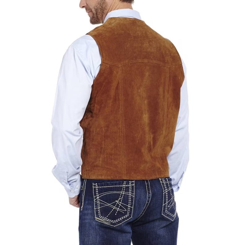 Brown Suede Leather Vest - Cowboy Vest for Men - 3amoto