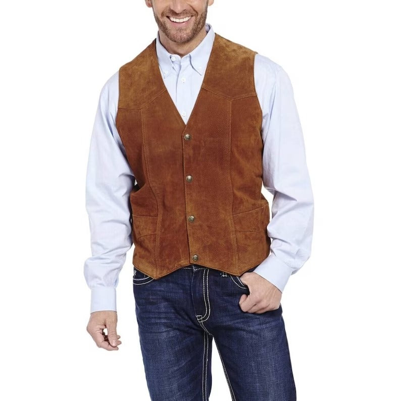 Brown Suede Leather Vest - Cowboy Vest for Men - 3amoto