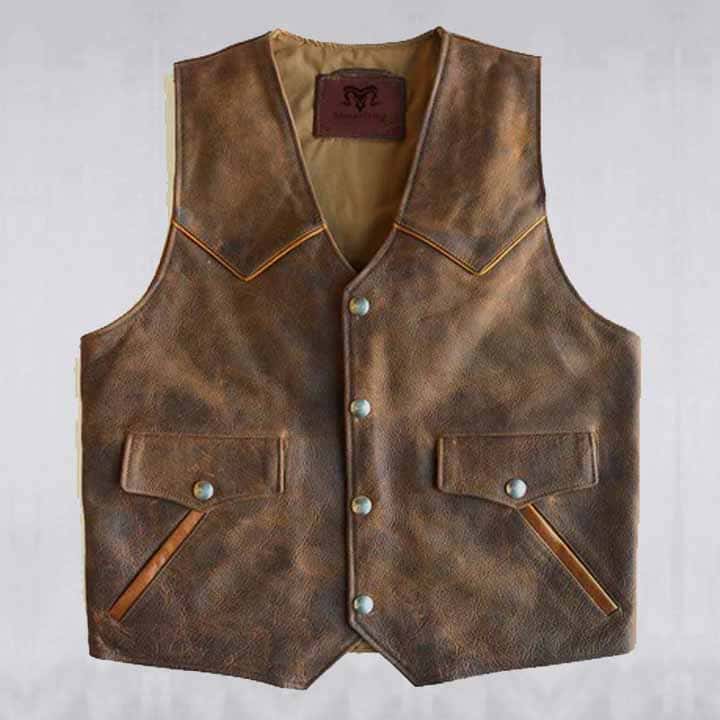 Mens Cowboy Biker Leather Vest - Brown Western Cowboy Vest