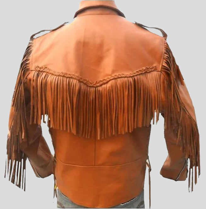 Buy Men Tan Western Style Leather Jacket - Cowboy Fringe Jacket