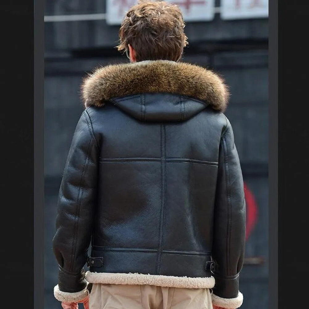 Shop Men's Black Shearling Flight Jacket - Detachable Hooded Leather Coat