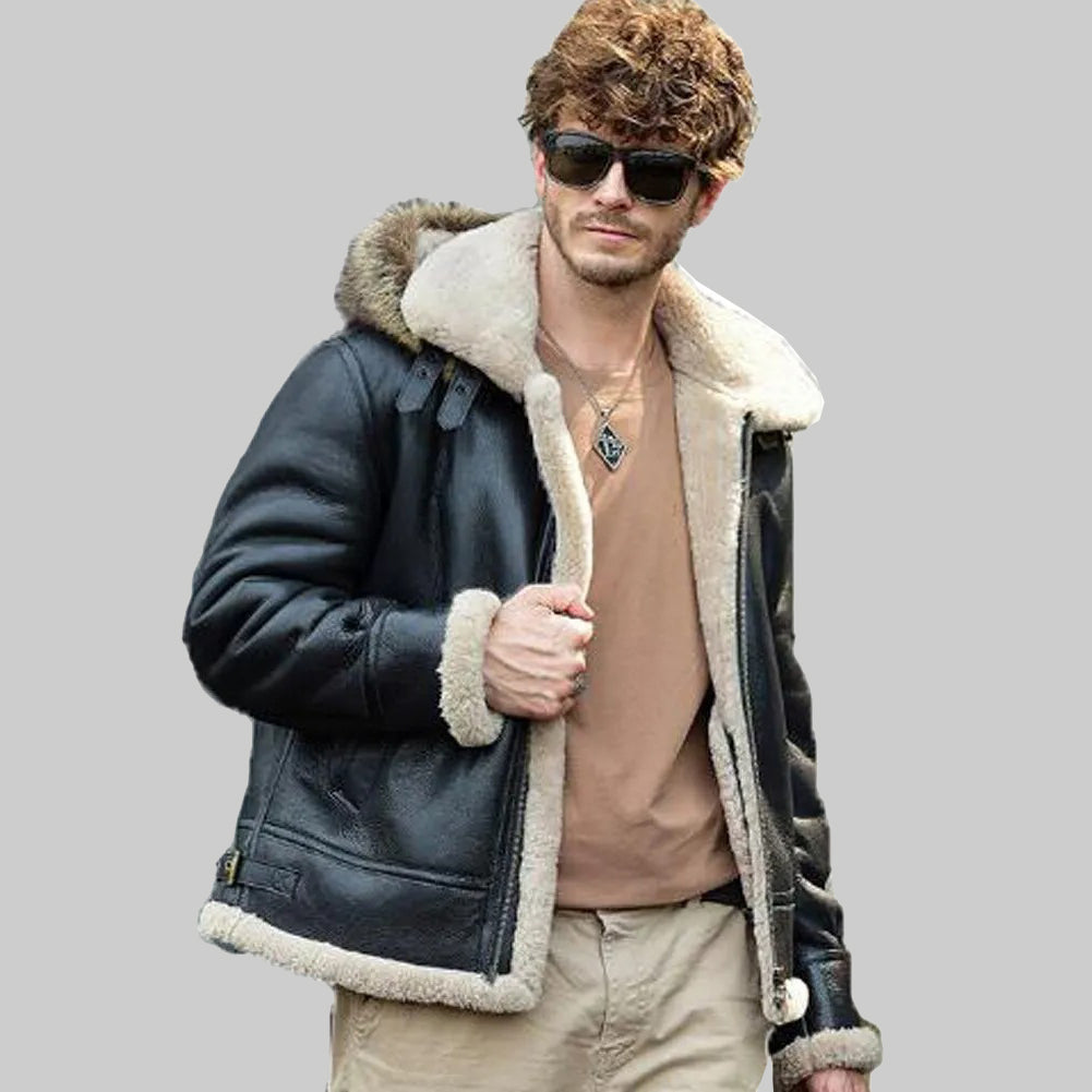 Shop Men's Black Shearling Flight Jacket - Detachable Hooded Leather Coat