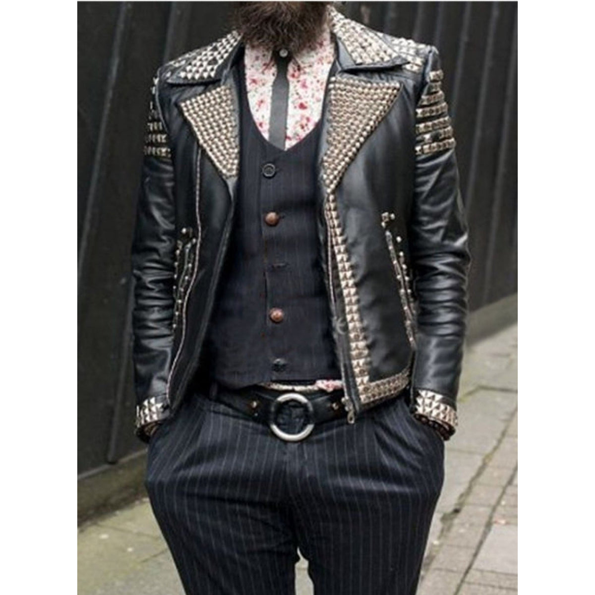 Shop Men's Black Studded Punk Style Biker Leather Jacket