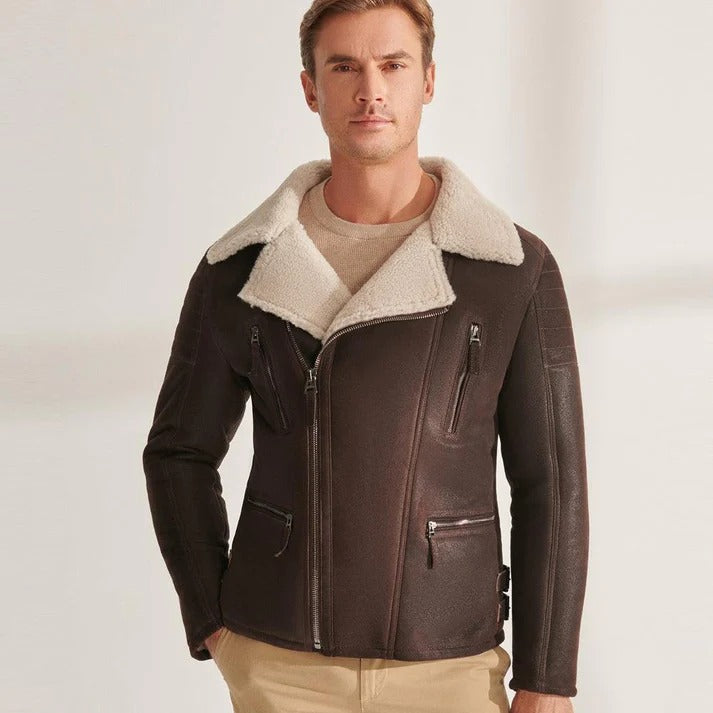 Shop Men's Brown B3 Pilot Shearling Aviator Biker Jacket