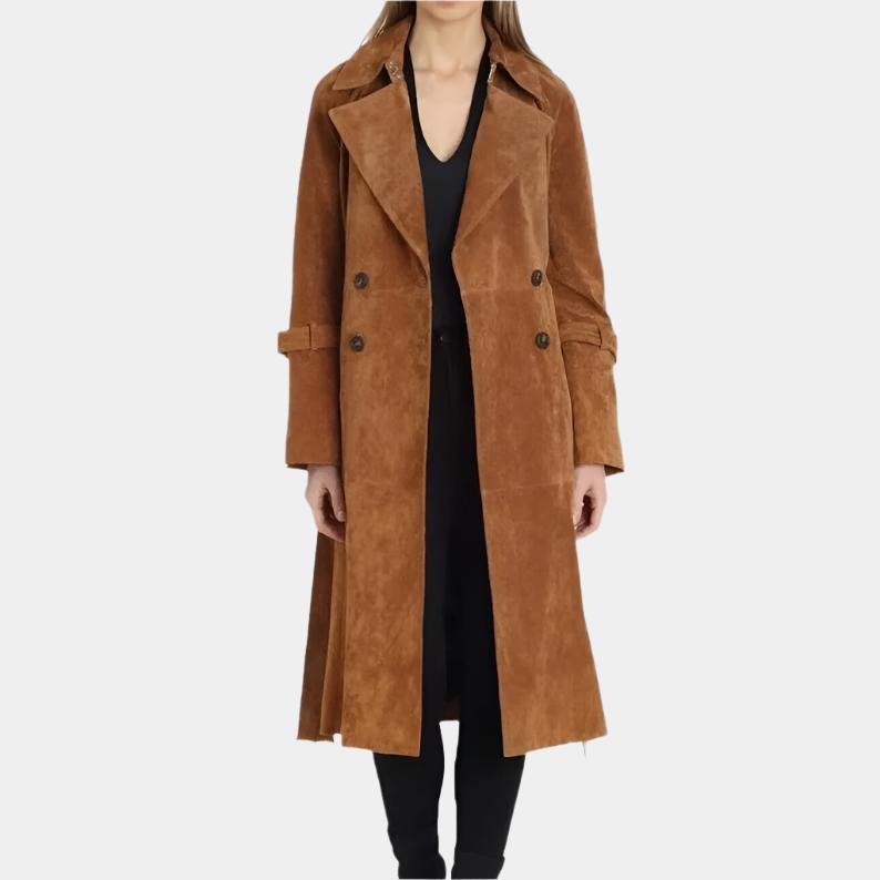 Women’s Genuine Brown Suede Leather Long Trench Coat - 3amoto
