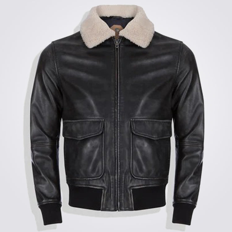 Shop Men's Black Leather Bomber Jacket with Detachable Fur Collar