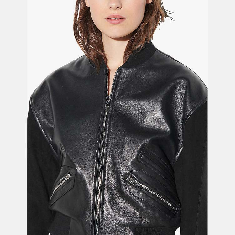 Buy Women’s Black Leather Bomber Jacket Online with Free Shipping