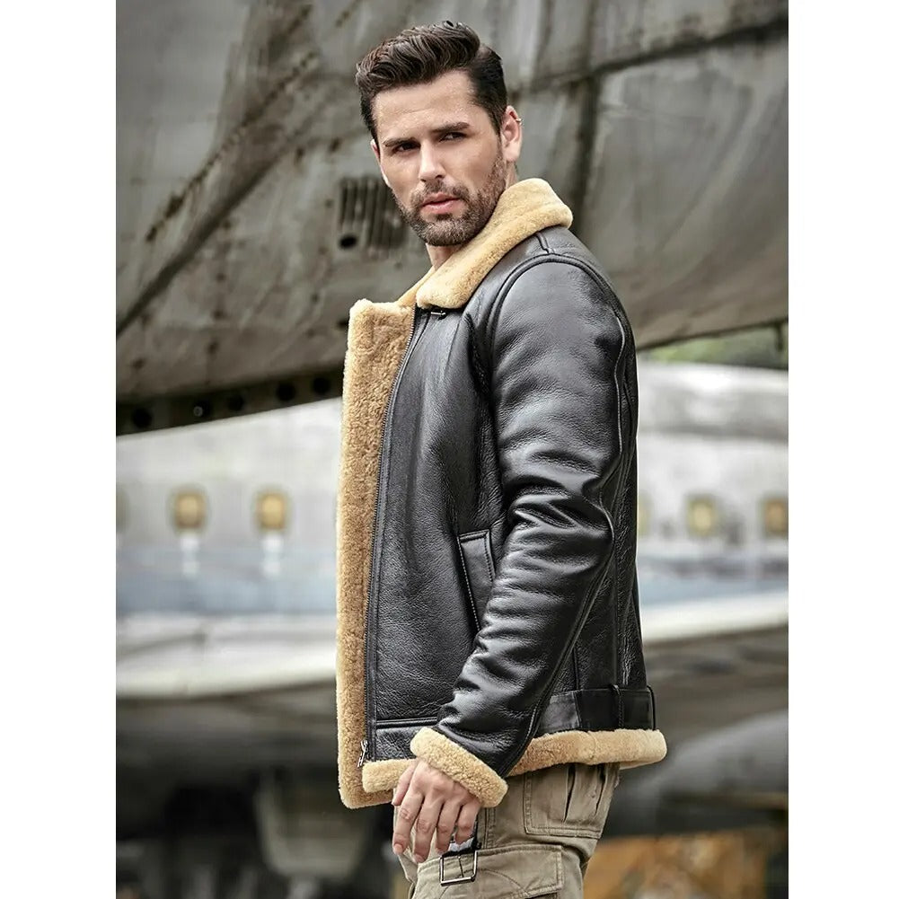 Mens Black B3 Bomber Shearling Fur Sheepskin Jacket Coat