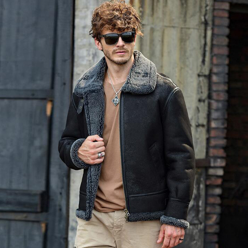 Shop Men's Shearling Flight Jacket Black Sheepskin Coat For Men