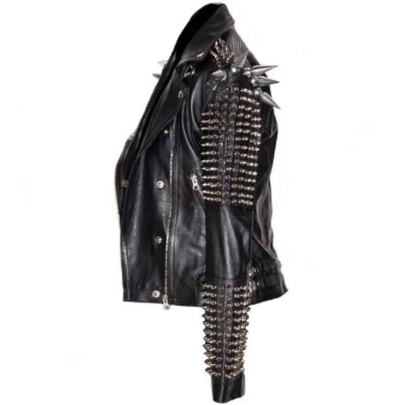 Men Silver Studded Long Spiked Leather Jacket