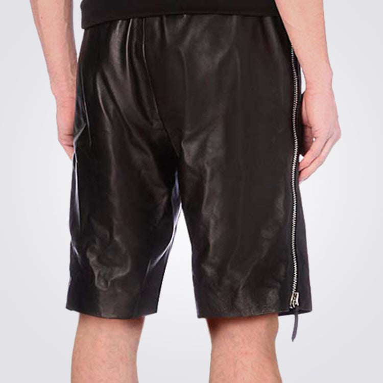 Side Zipper Black Leather Shorts For Men