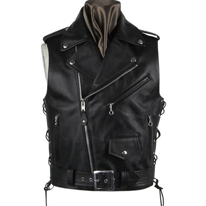Black Moto Biker Leather Men's Vest | Biker Leather Vest for Men