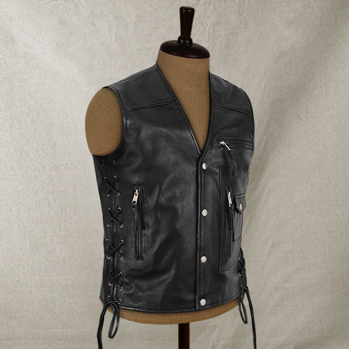 Mens Traditional Biker Black Leather Vest | Motorcycle Vests for Sale