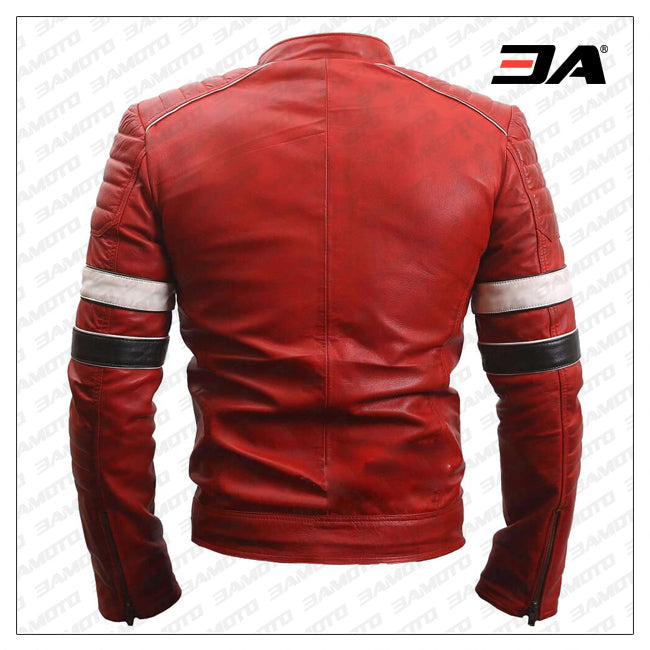 Buy Top Quality Genuine Striped Red Leather Moto Jacket Mens