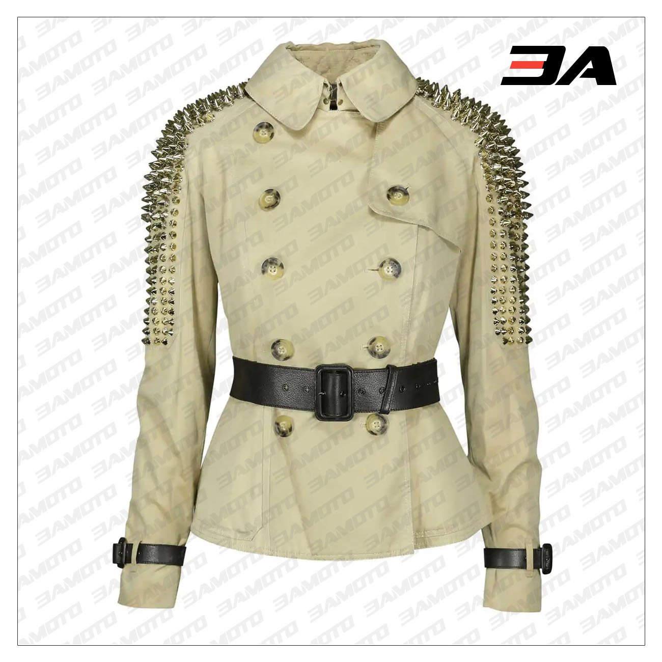 Golden Studded Trench Jacket - Premium Leather Trench Coat