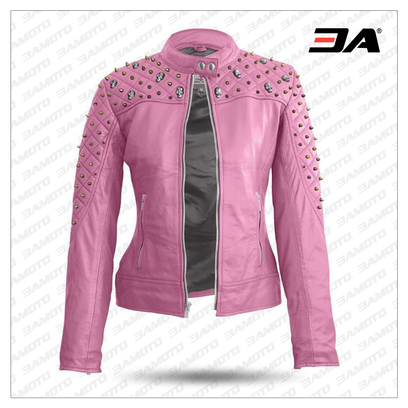 Women's Pink Quilted Leather Jacket | Gold Studded Skeleton Design