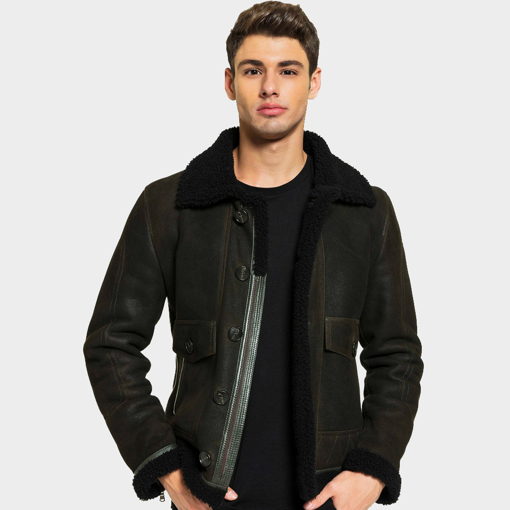 Men Aviator Dark Green Shearling Jacket | Free Shipping