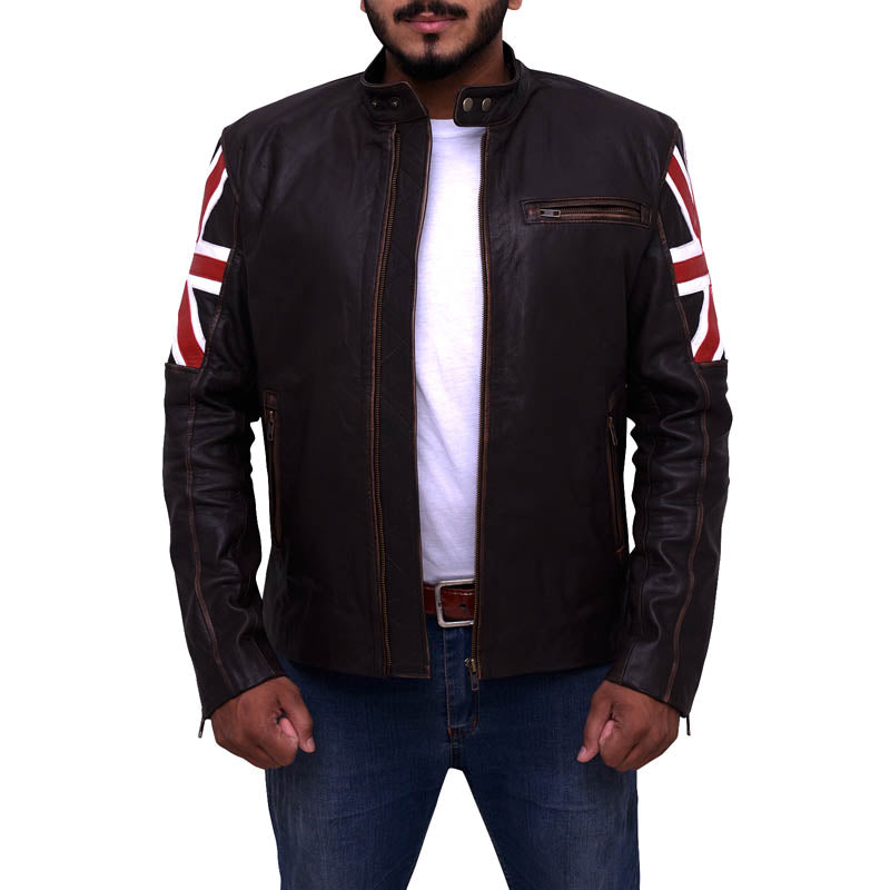Mens Brown England Flag Biker Leather Jacket - Brown Leather Jacket
